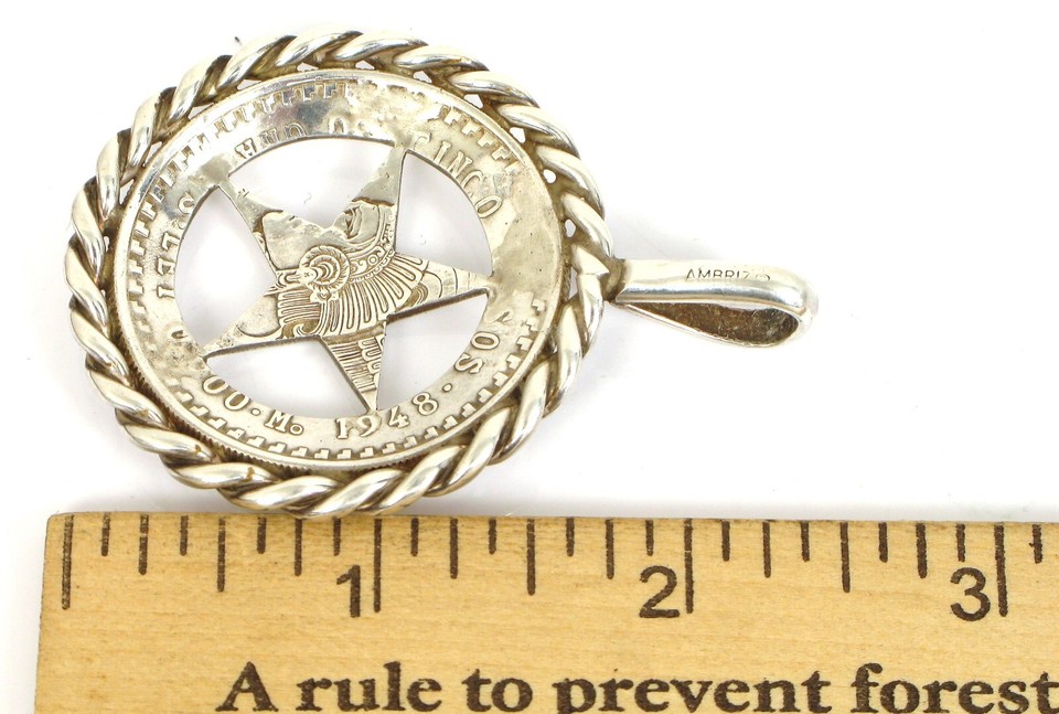 VINTAGE SIGNED AMBRIZ STERLING SILVER CINCO PESO BADGE TEXAS RANGER ...
