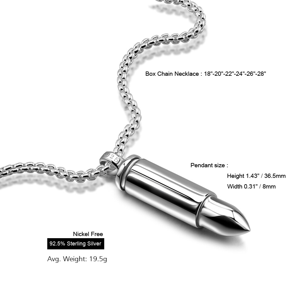 Mens Solid 925 Sterling Silver Bullet Pendant w/ Box Chain Necklace 18 ...