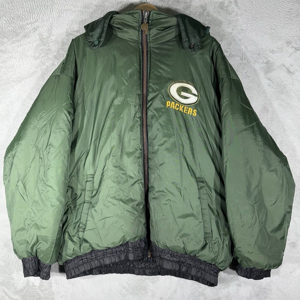 VTG Green Bay Packers REVERSIBLE Jacket Mens XL Black Puffer Pro Player ...