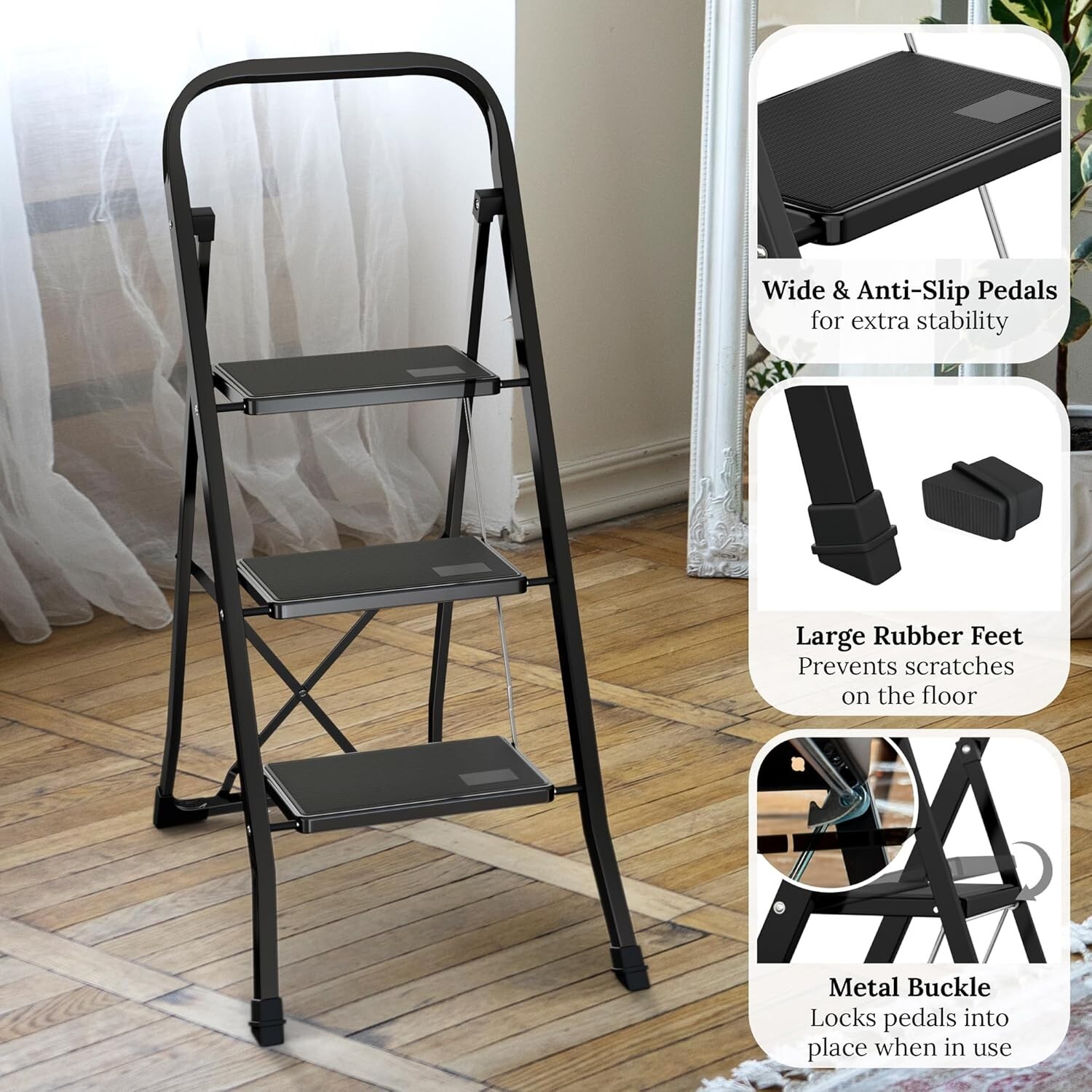 Open Box Steel Folding 3-Step Stool Ladder Adults Soft-Grip Handle 330 ...