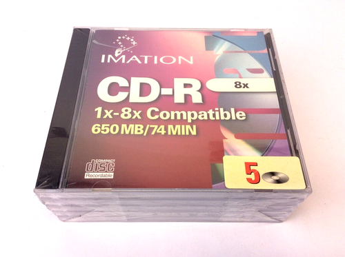 New Imation CD-R 1x-8x Compatible 650MB/74 Min 5 Pack Blank CDs 0-51122 ...