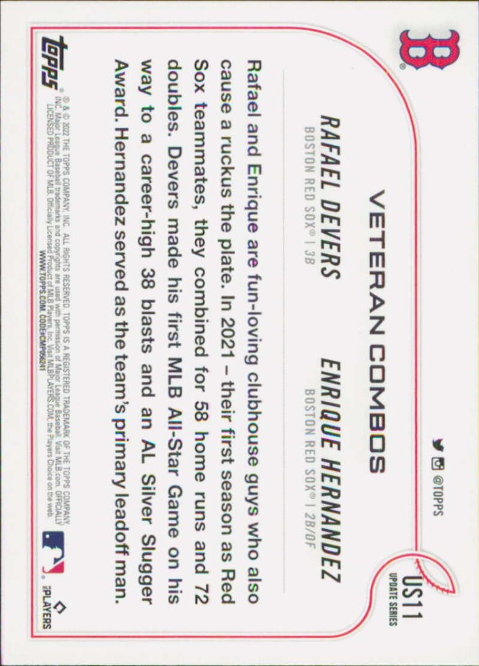 2022 Topps Update #US11 Rafael Devers/Enrique Hernandez NM-MT Red Sox ...