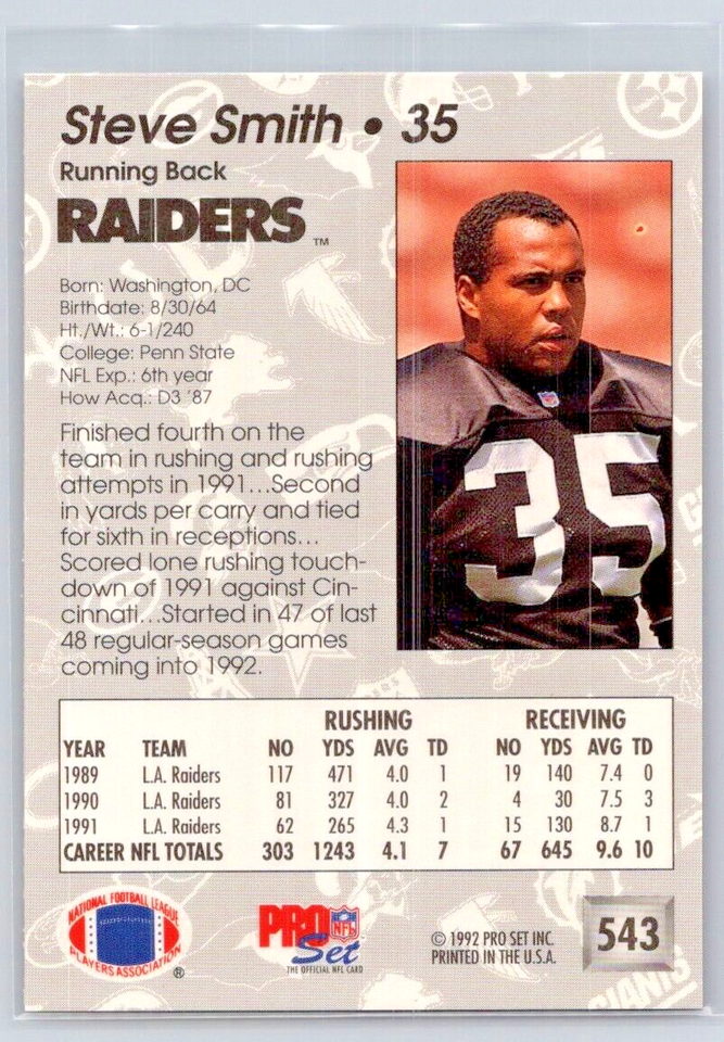 1992 Pro Set Series 2 - Steve Smith - Los Angeles Raiders - Base - #543 ...