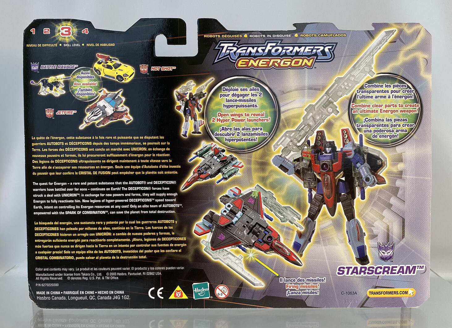 Vintage Transformers Energon Starscream Deluxe Combat Class Card Back ...