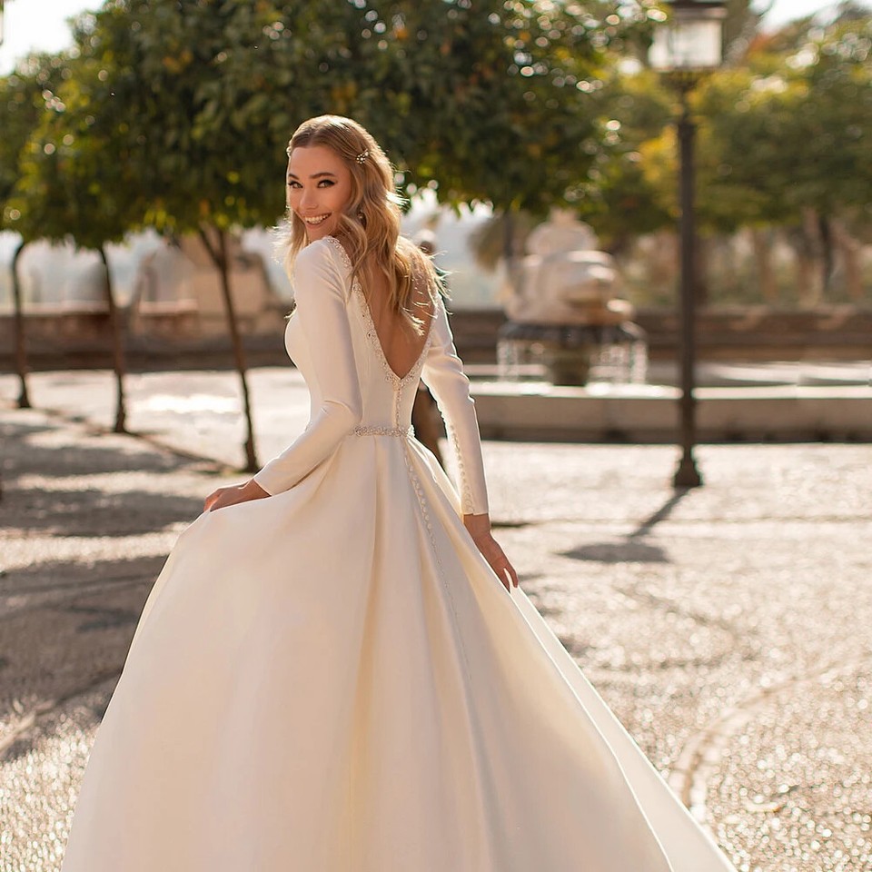Modest Long Sleeves Wedding Dresses Beaded Backless Buttons Satin ...