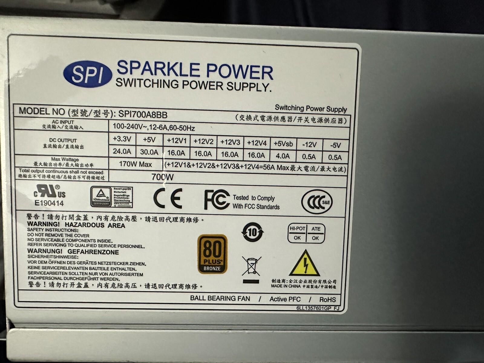 SPARKLE POWER SPI700A8BB 700W Switching Power Supply Unit 100-240V ...