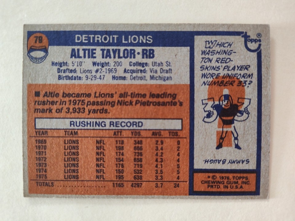 ALTIE TAYLOR Detroit LIONS 1976 TOPPS FOOTBALL CARD #79 | eBay