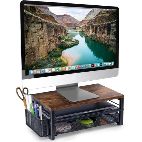 Monitor Riser with Drawers and Pen Holders, Wood & Mesh Metal Computer ...
