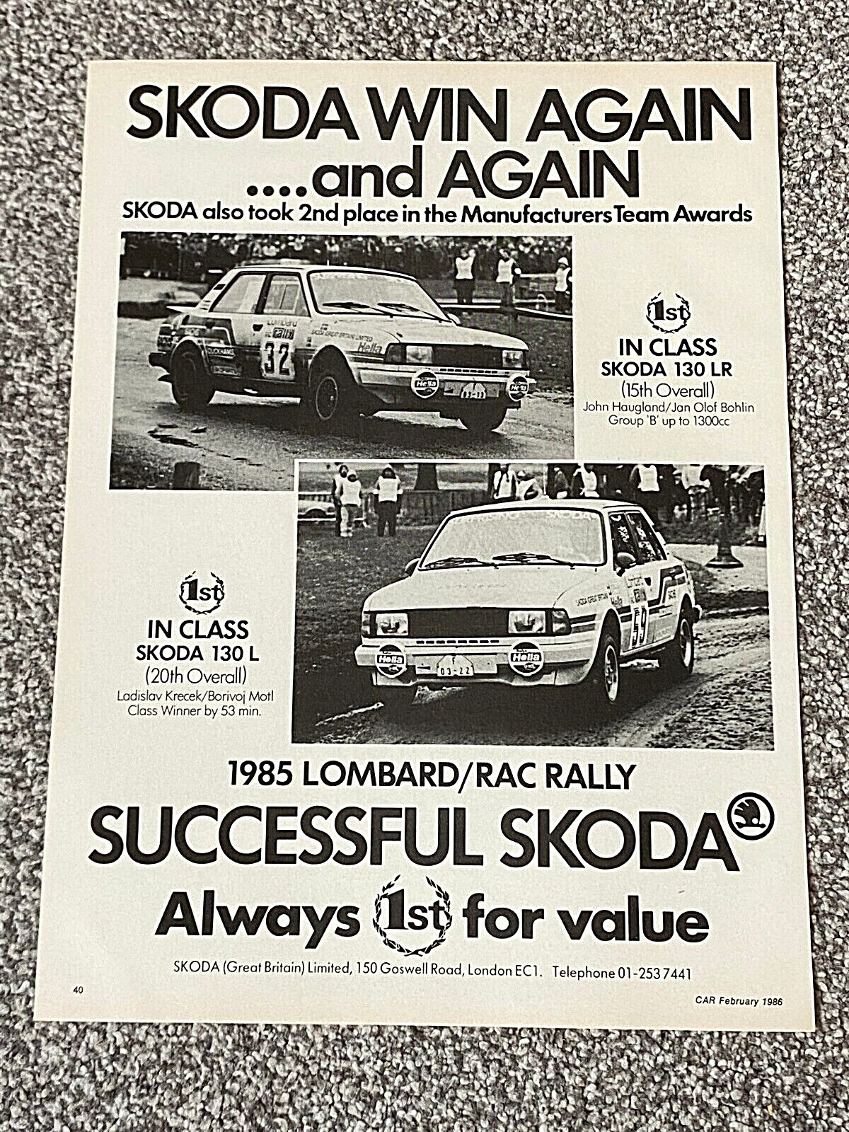 Vintage Original 1986 Magazine Advert Picture Skoda Lombard RAC Rally ...