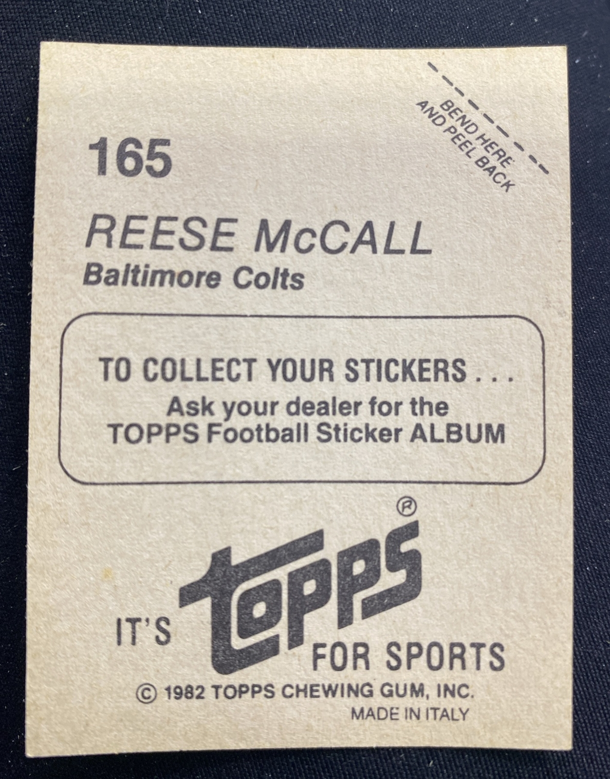 1982 Reese McCall Baltimore Colts Topps Yellow Sticker #165 Free Ship O ...