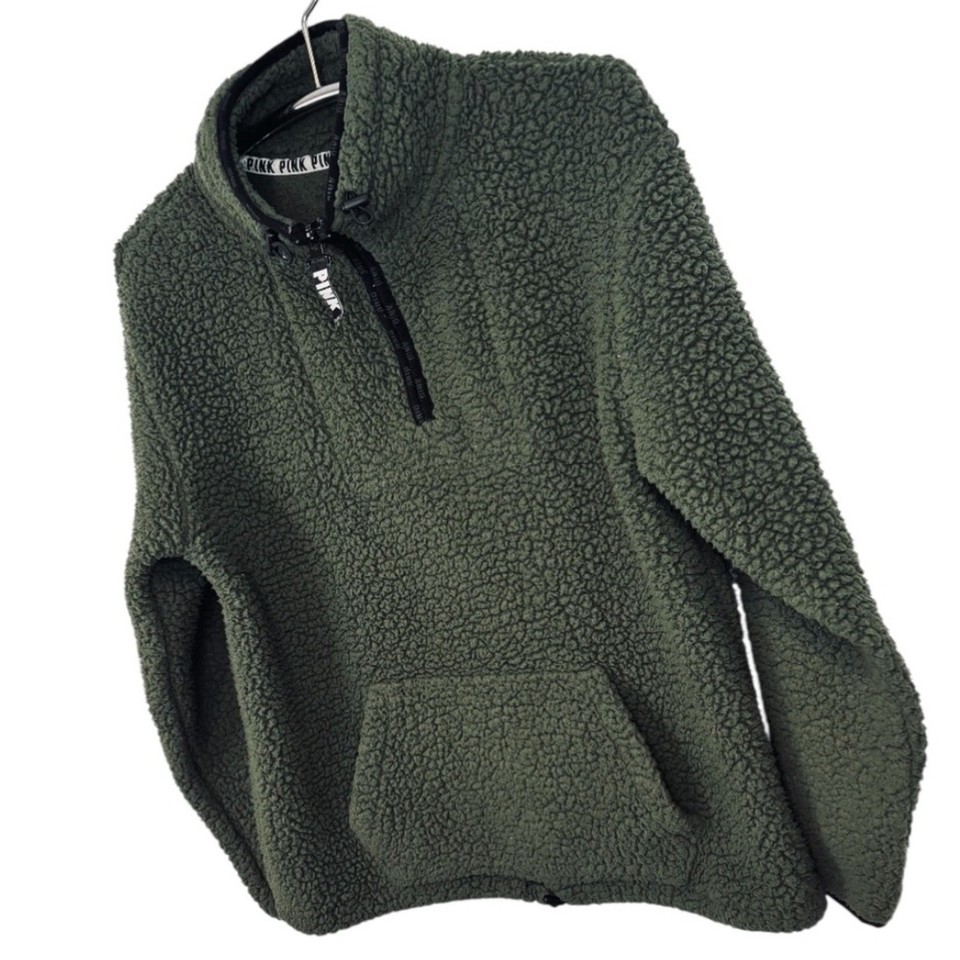 PINK Victoria's Secret Olive Quarter Zip Sherpa Pullover Size Small | eBay