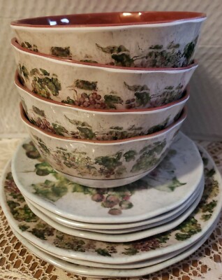 SAKURA EVOLUTION GRAPES + 4 DEEP CEREAL SOUP BOWLS + 4 PLATES + 4 ...