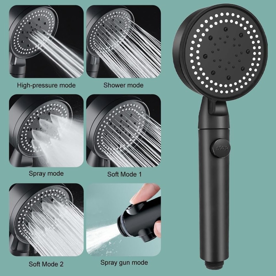 Shower Head and Hose with 1.5 m Shower Hosepipe, 5 Mode Water Saving ...