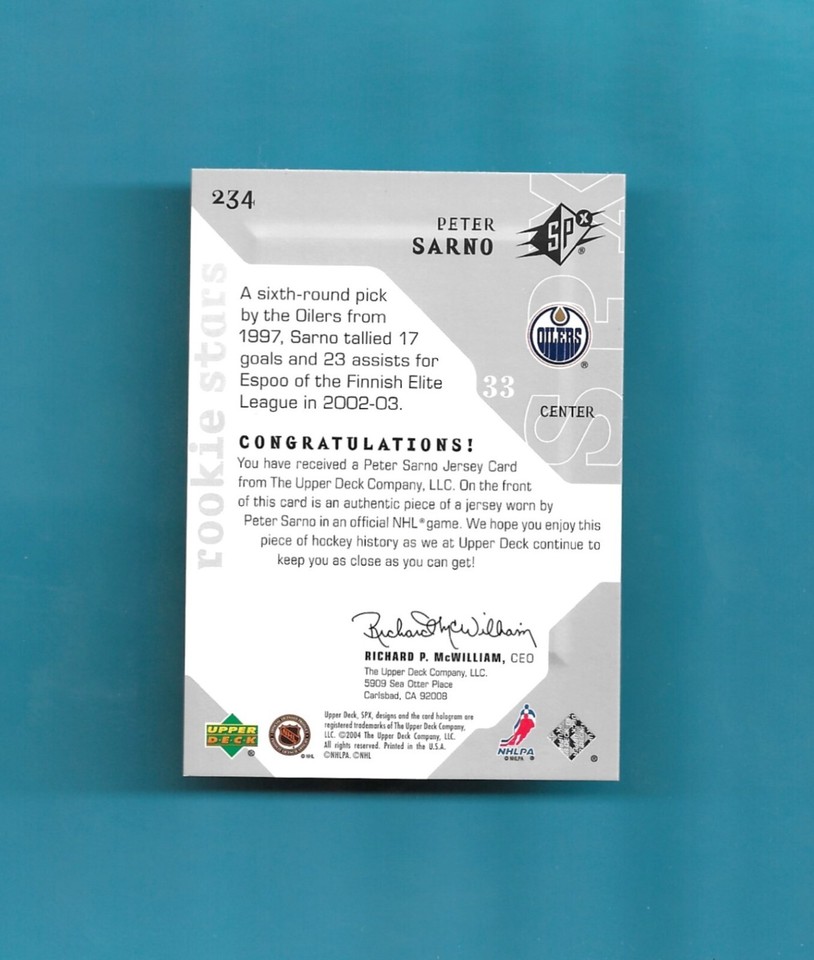 03-04 SPx JUMBO ROOKIE JERSEY Card # 234 PETER SARNO /999 EDMONTON ...