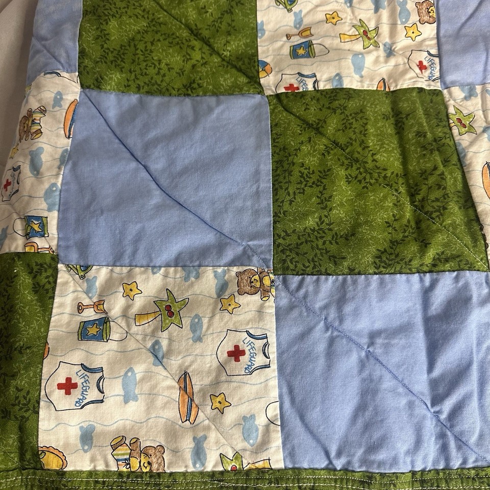 Baby Quilt Handmade Boys Blue Beach Teddy Bears Patchwork Blanket 33 X ...