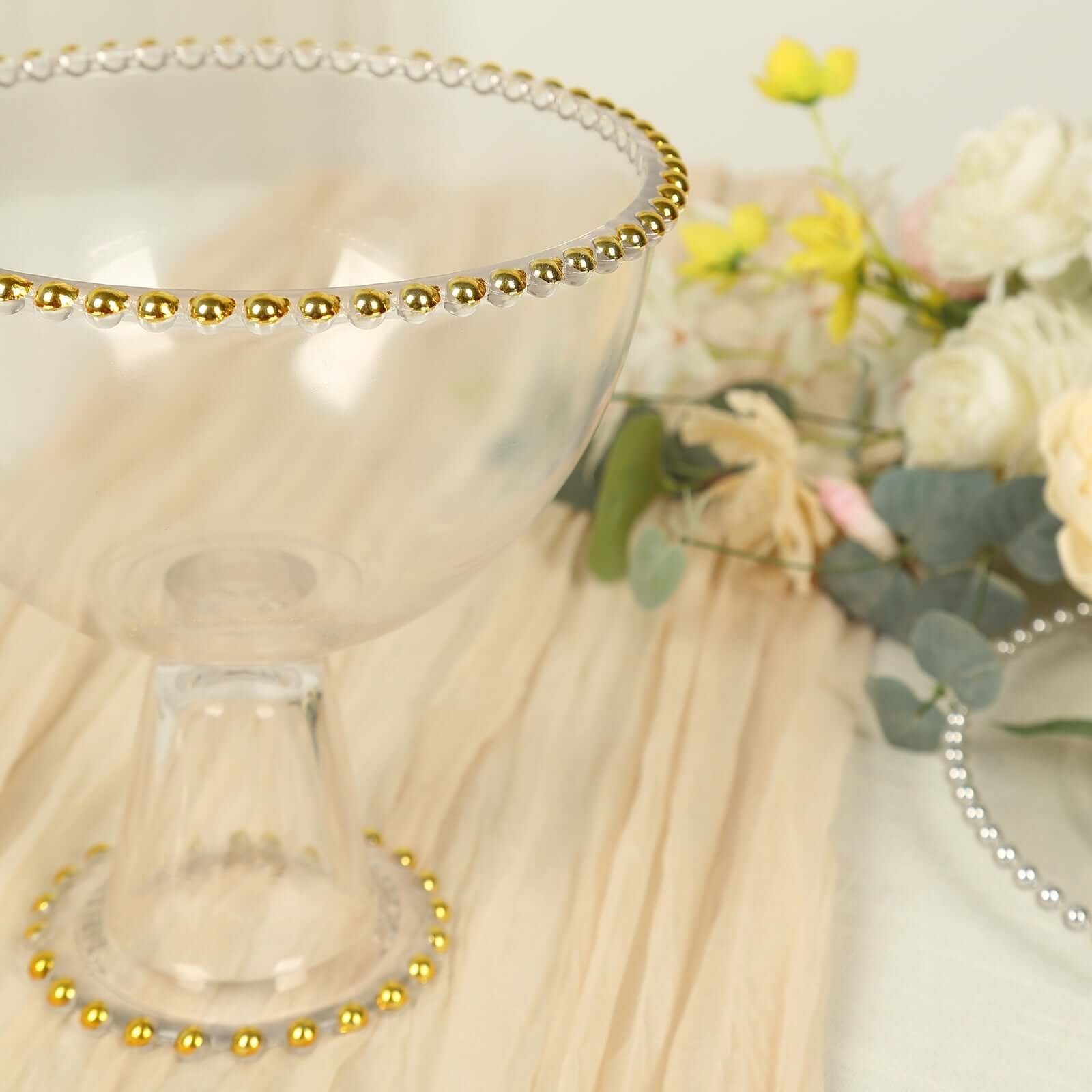 8" Clear Pedestal Bowl Glass Flower Vase with Gold Beaded Rim ...