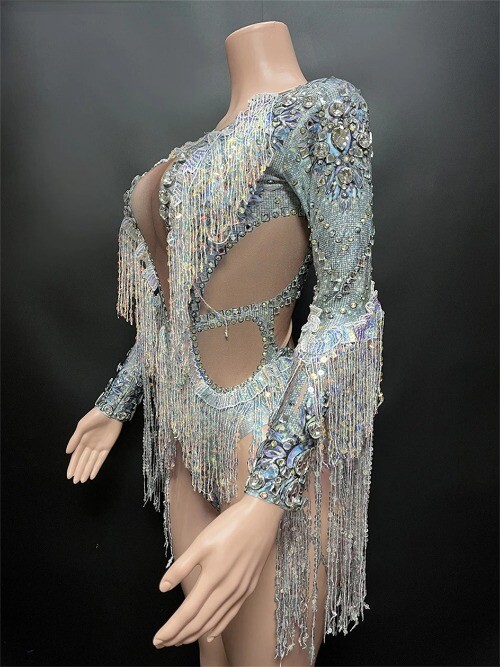 Sparkly Sequins Tassels Printing Bodysuit Bar Costume Outfit Party