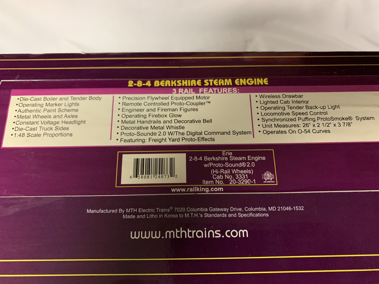 MTH PREMIER ERIE BERKSHIRE STEAM ENGINE PROTOSOUND 2.0! 20-3290-1 PS2 ...