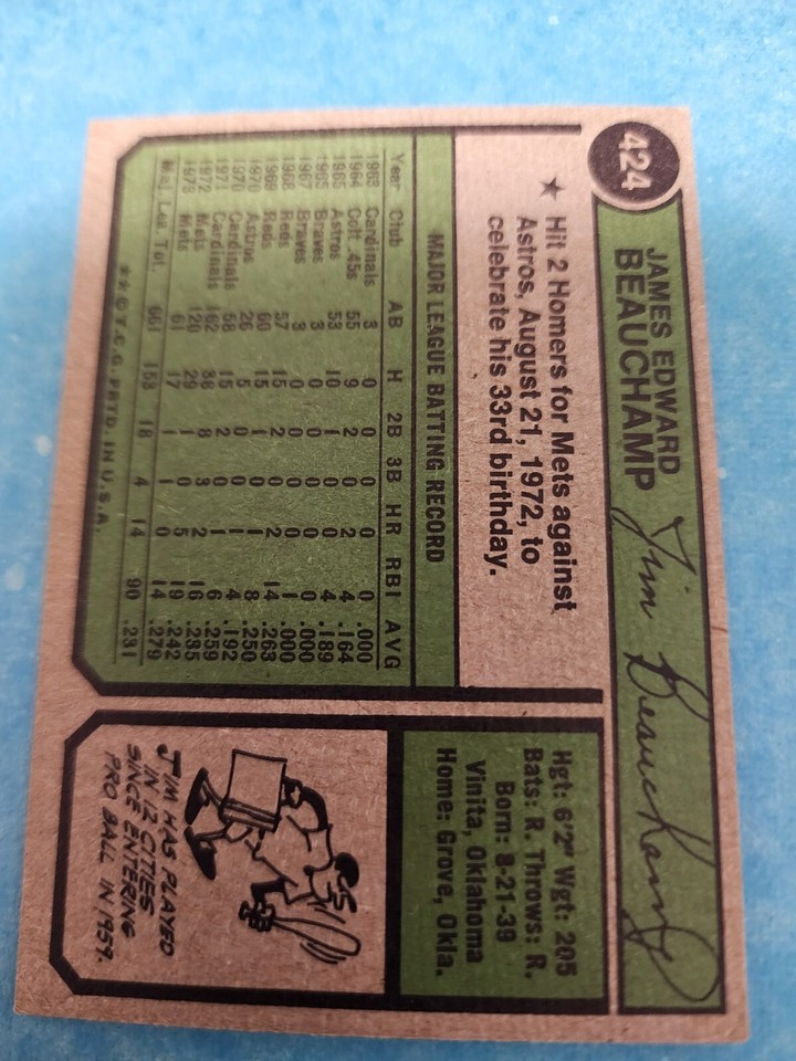 1974 Topps 424 Jim Beauchamp New York Mets EX-MT | eBay