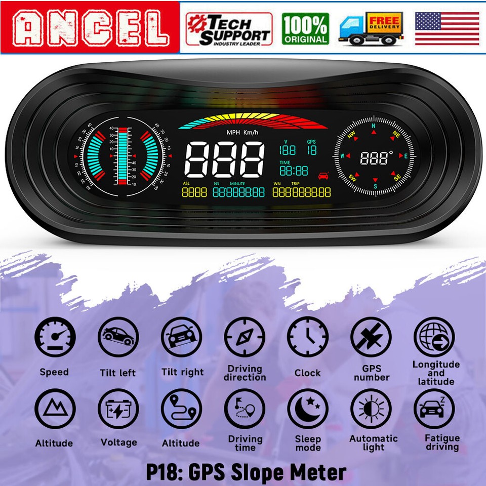 P18 GPS HUD Car Tilt Angle Head Up Display LCD Digital Altitude Vehicle ...