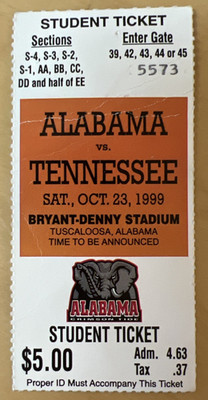 1999 Alabama vs Tennessee Student Ticket Stub in Tuscaloosa Alabama ...