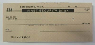 Vintage First National Bank SUTHERLAND, NEBRASKA Counter Check Book NEW ...