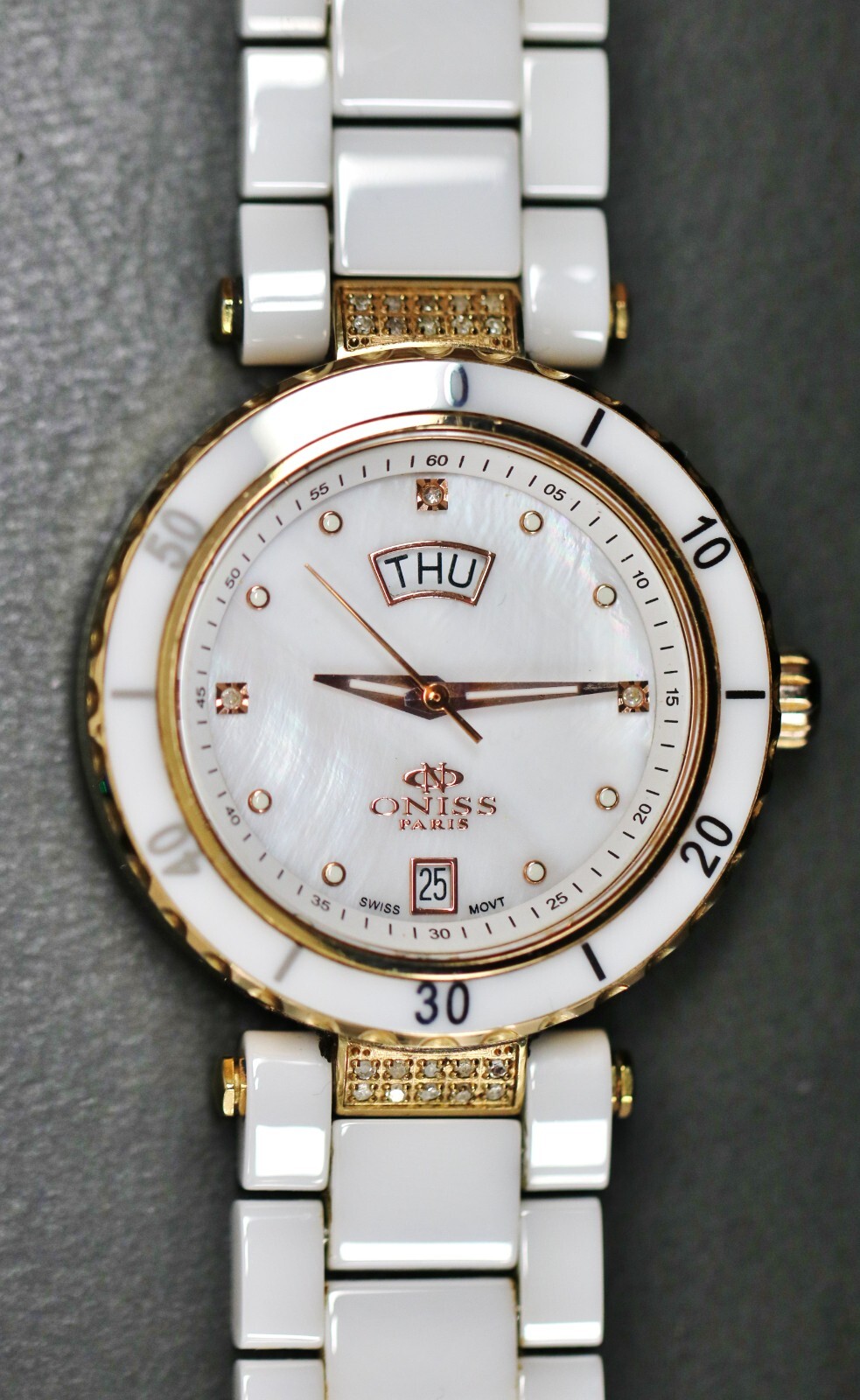 Oniss MOP Diamond Dial White Ceramic & St. Steel Day Date Watch ON642 ...