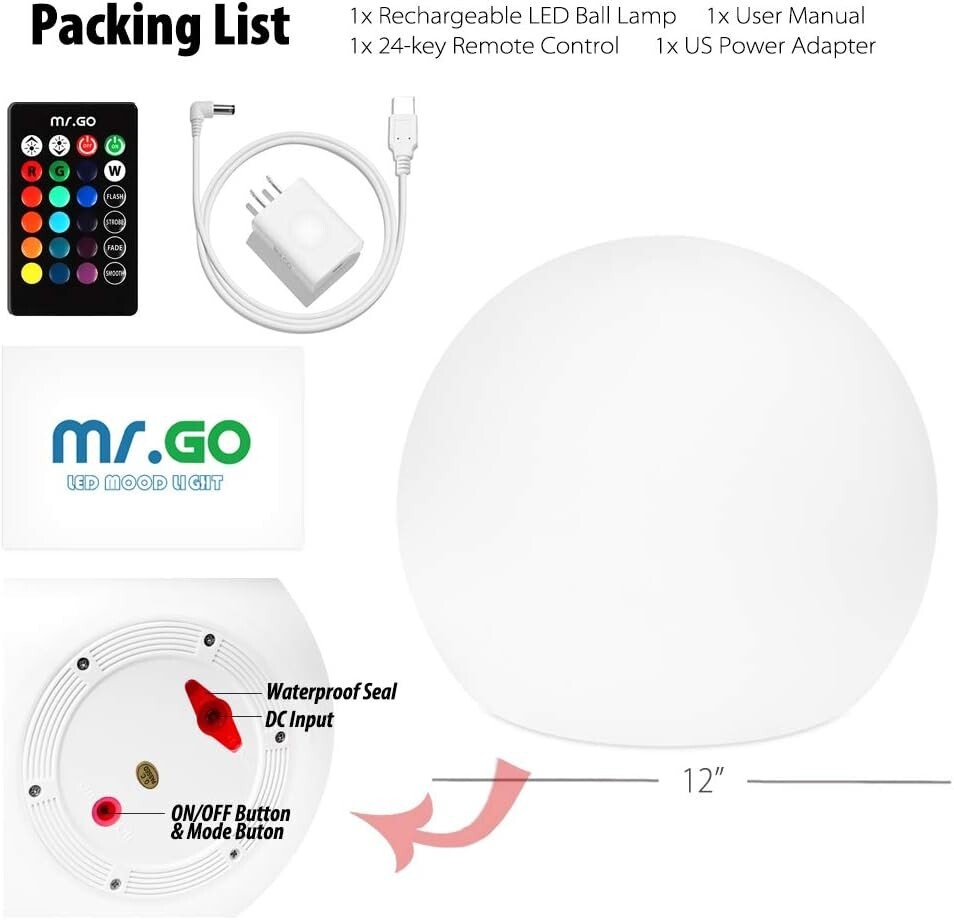 Color-Changing 12-Inch Sphere Light - Wireless, Rechargeable, Remote ...