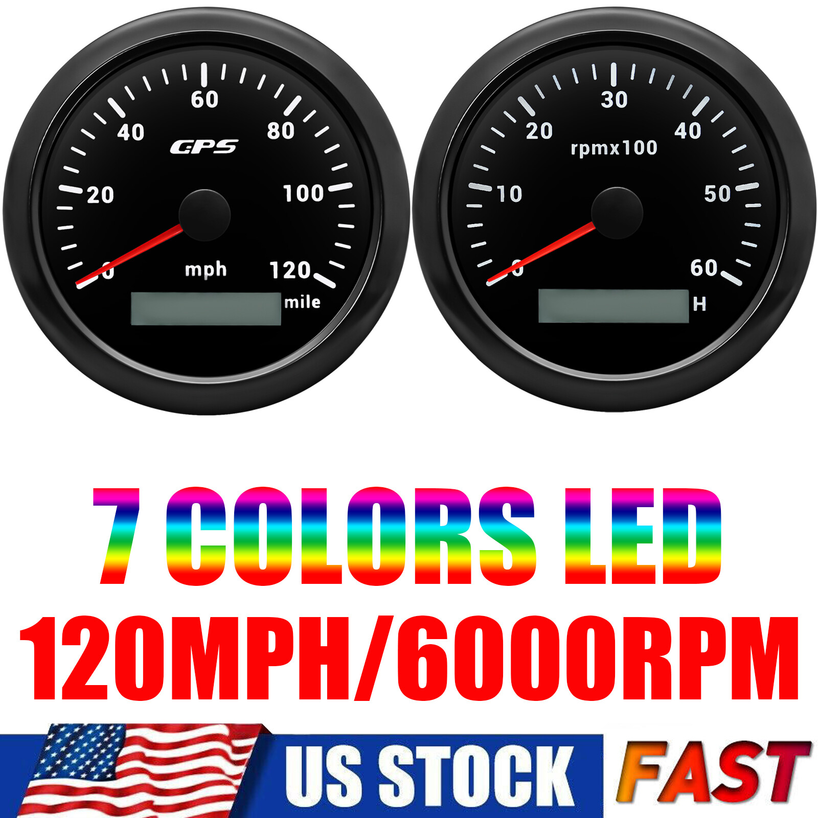 2 Gauge Set 85mm GPS Speedometer 120MPH Tachometer 6000RPM For Boat Car ...
