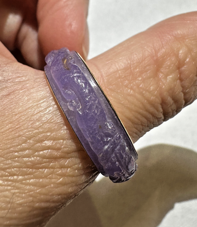 QVC Hallmarks 14k Gold Lavender Celadon Carved Jade Dragon Band Sz 11.5 ...