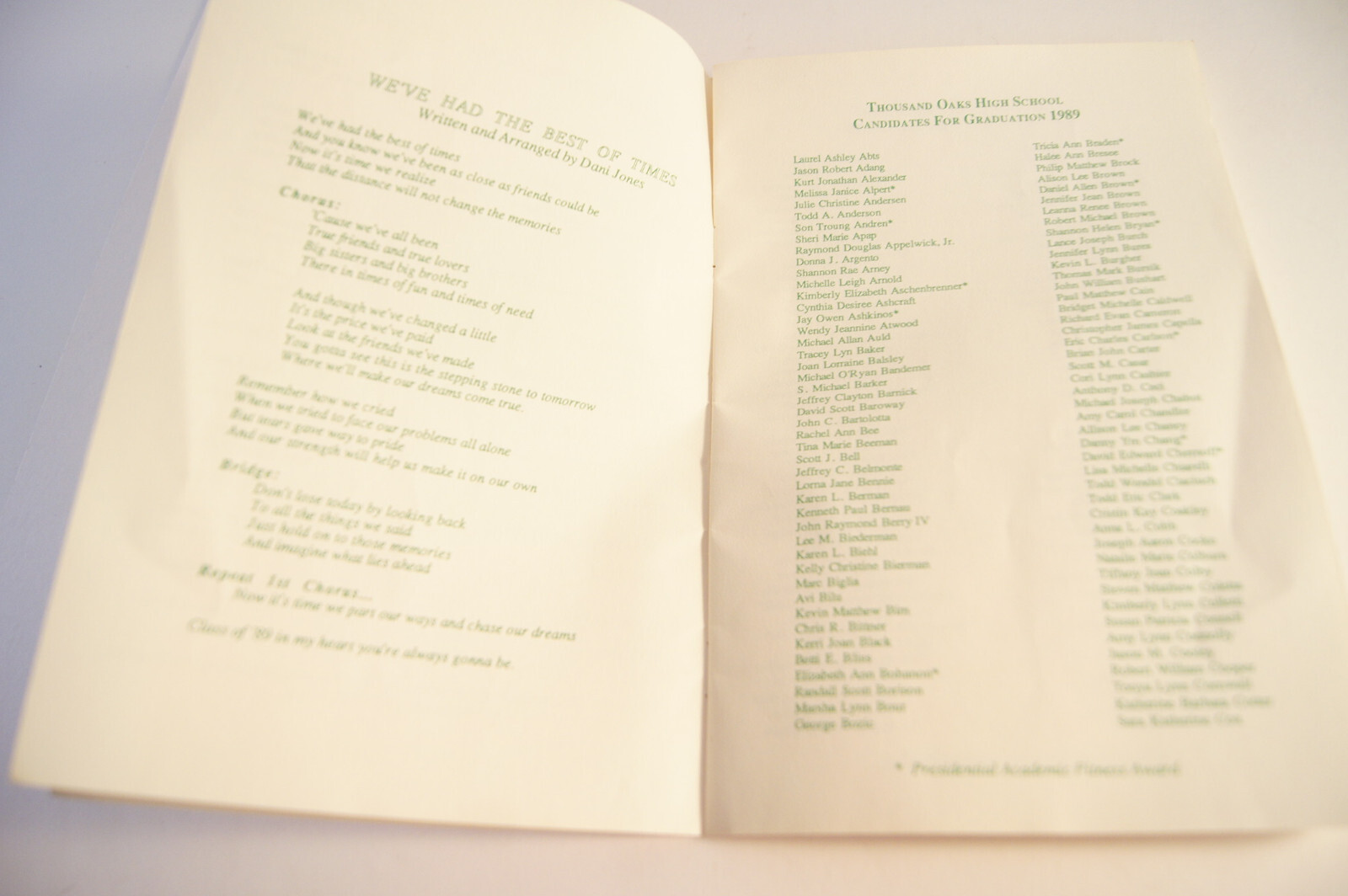 Class of 1989 Thousand Oaks High School Graduation Program Booklet ...
