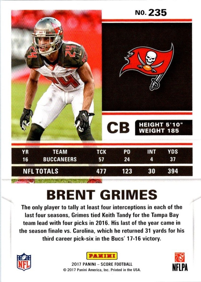 2017 Score Brent Grimes #235 Tampa Bay Buccaneers Football Card | eBay
