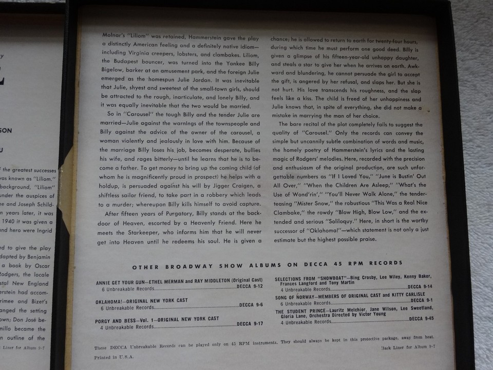 "CAROUSEL" FROM THE MUSICAL PLAY--- FIVE 45 rpm, NEW, ORIGINAL "DECCA ...