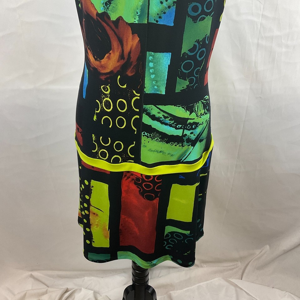 Eva Varro Dress M Art-To-Wear Black Lime Red Blue Green Print Short ...