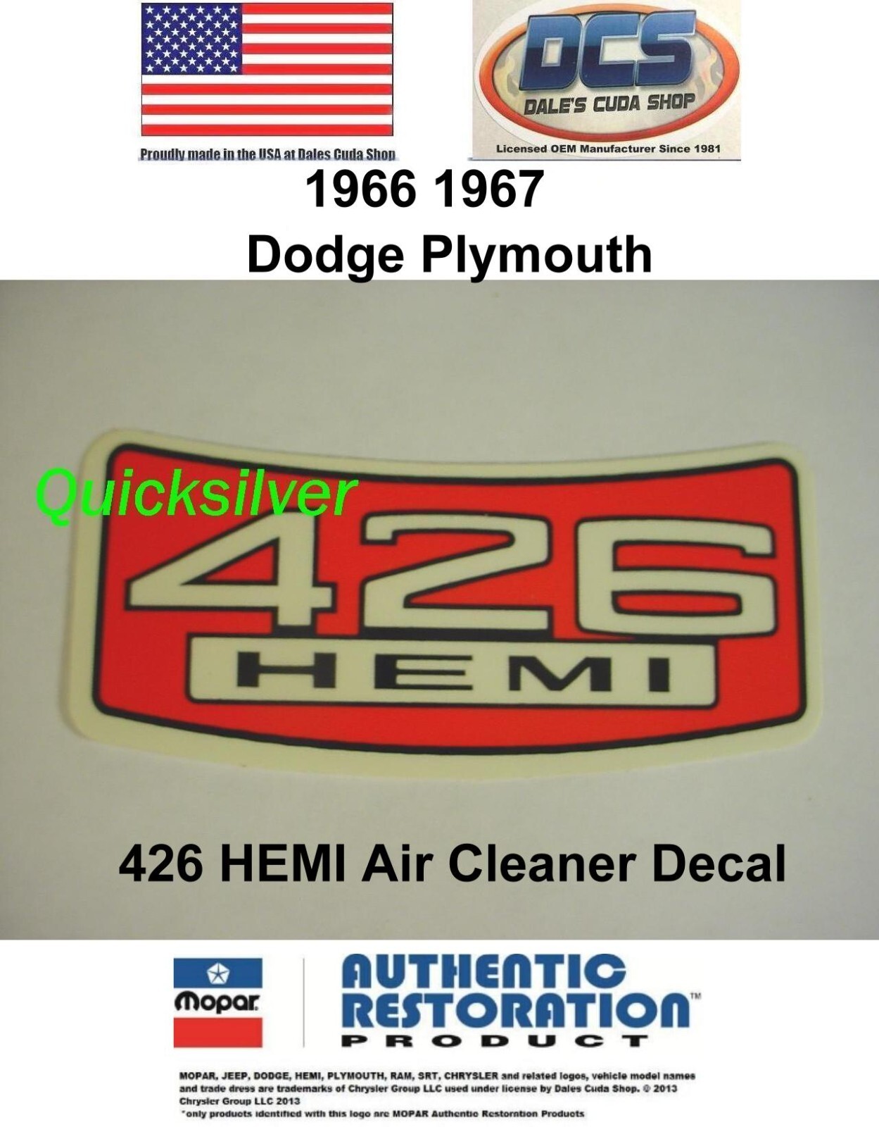 1966 1967 Coronet Charger Satellite GTX 426 HEMI Air Cleaner Decal ...