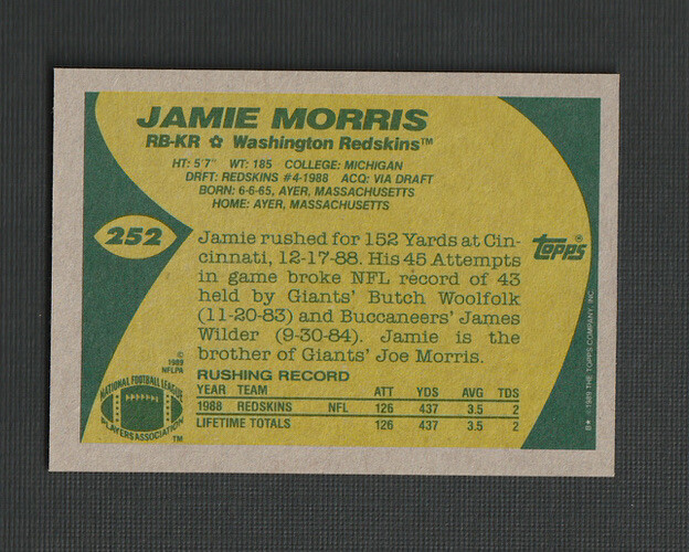 1989 Topps Jamie Morris Rookie #252 Washington Redskins | eBay