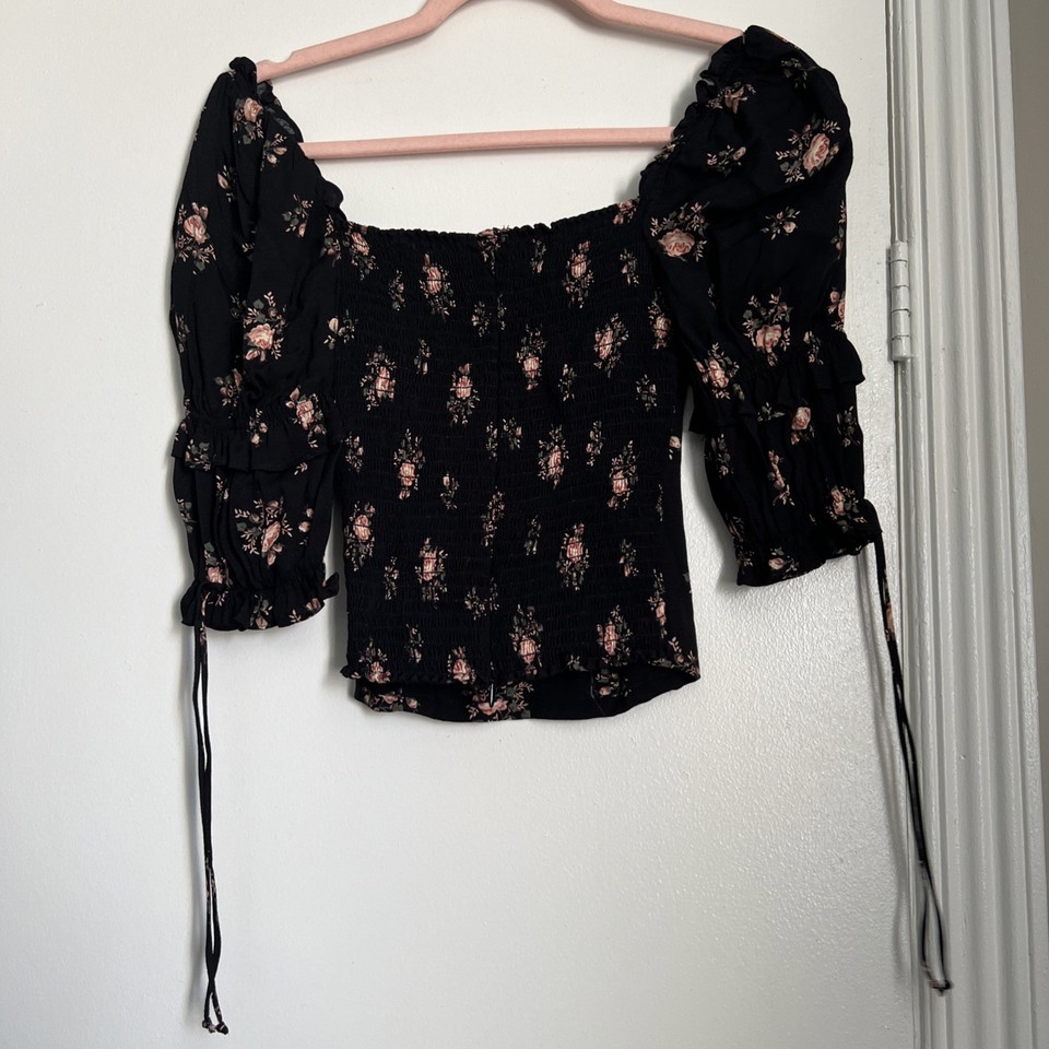 Reformation 0 Nina Top Visalia Black Pink Floral Square Neck Blouse ...