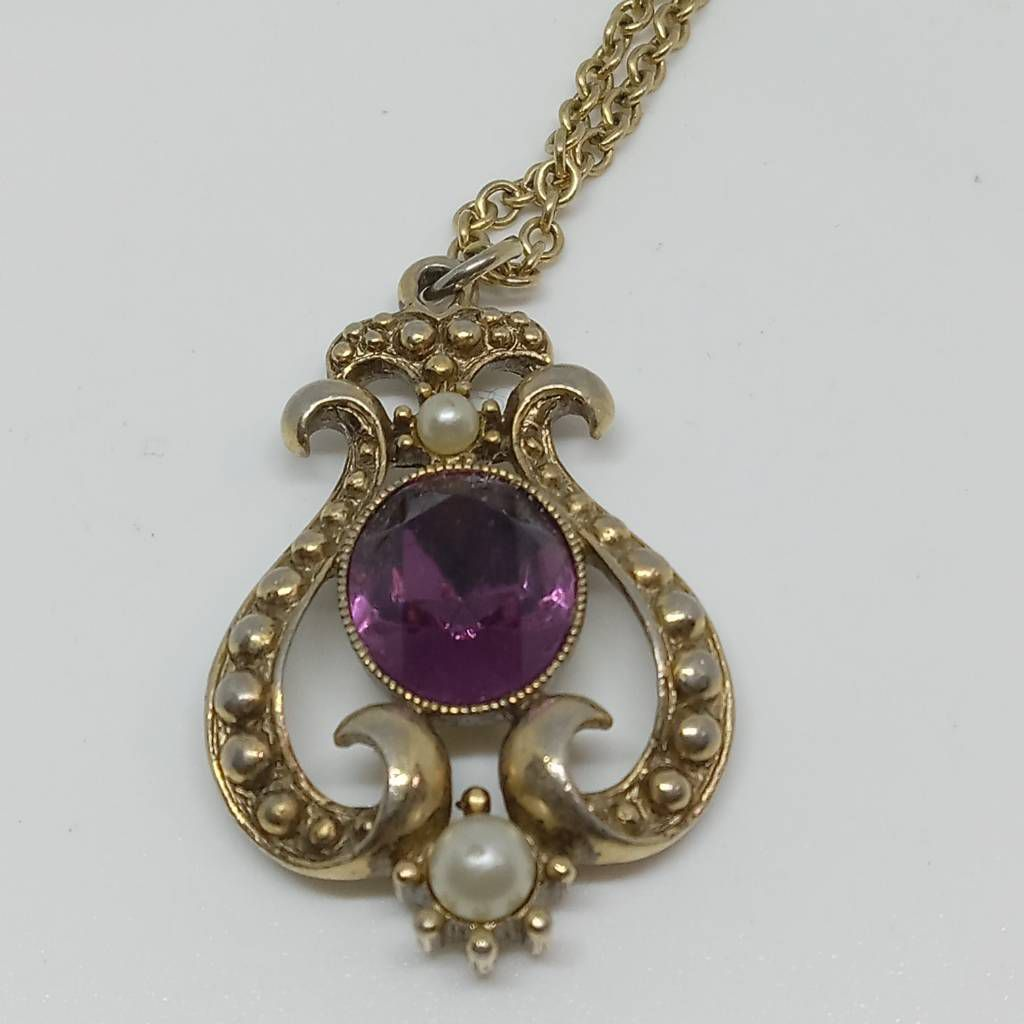 Vintage Avon Pendant Necklace Purple Rhinestone Queensbury Faceted Gold ...