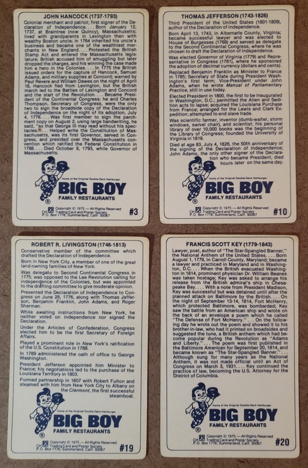 Lot 4 Different 1975 Great American Big Boy Trading Cards Hancock ...