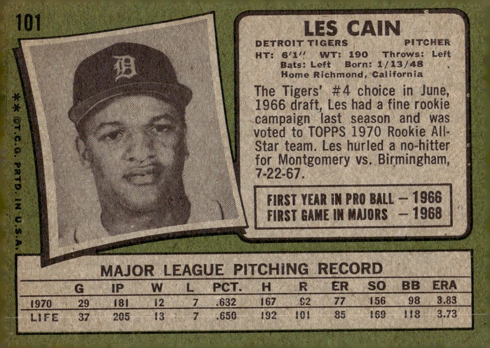 1971 Topps - #101 Les Cain EX | eBay