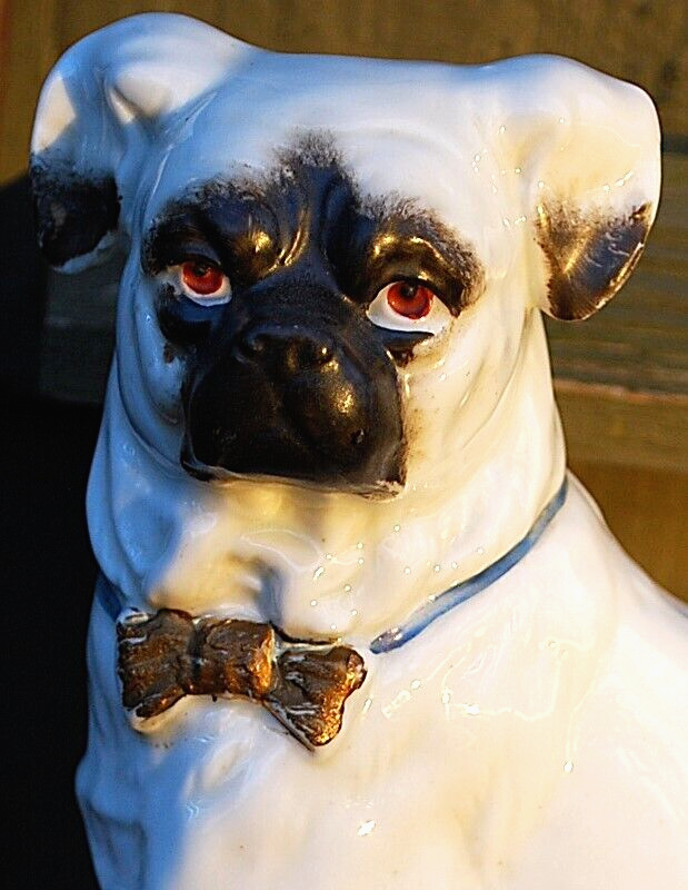 Antique STAFFORDSHIRE PORCELAIN PUG DOG FIGURINE Gold Bow Tie VICTORIAN ...