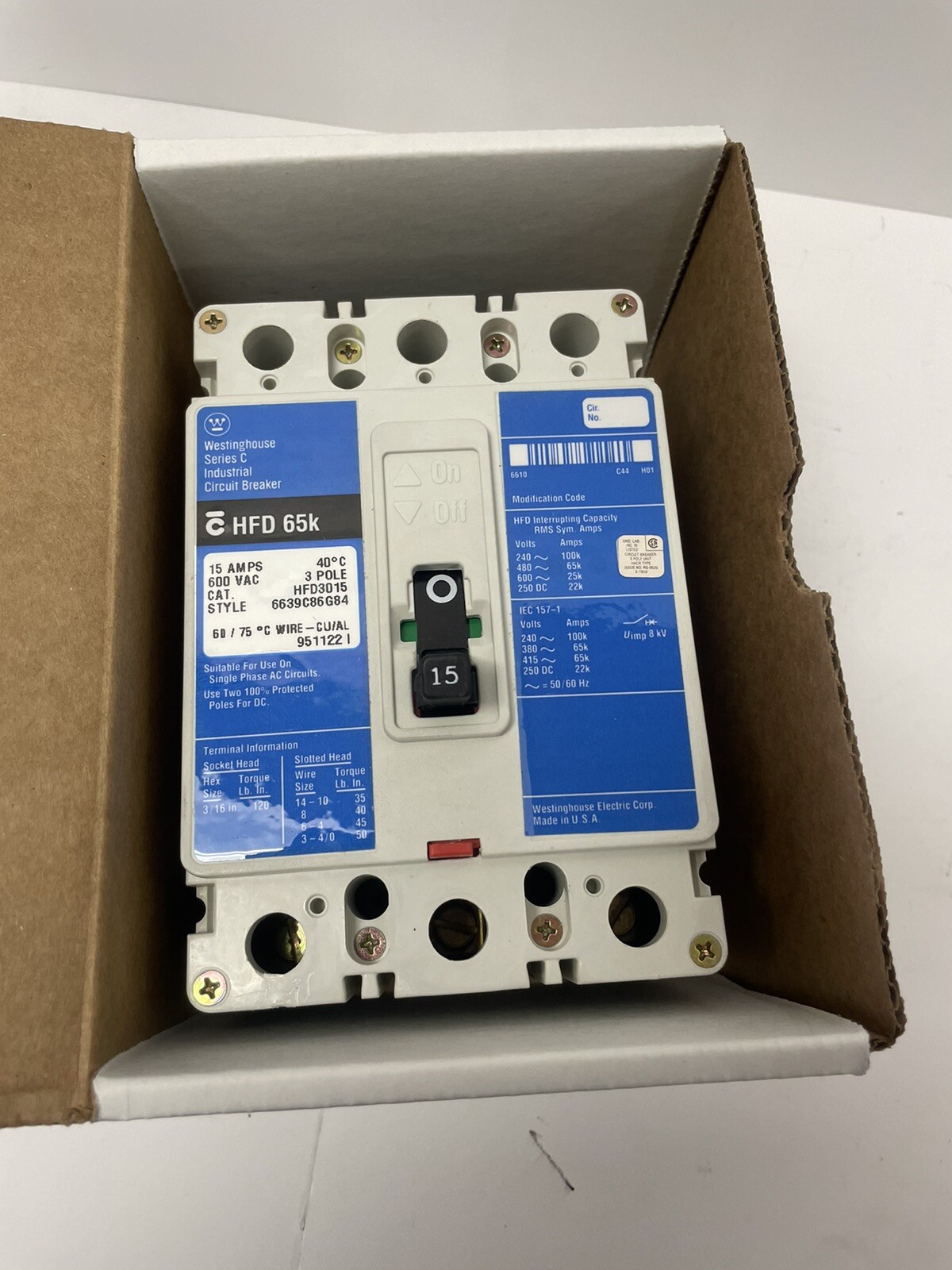 WESTINGHOUSE HFD3015 3 POLE 15A 65K HFD CIRCUIT BREAKER (USED) | eBay