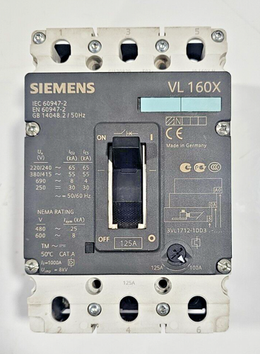 SIEMENS VL160X 3VL1712-1DD3 3 POLE CIRCUIT BREAKER 100-125 AMPS 480V ...