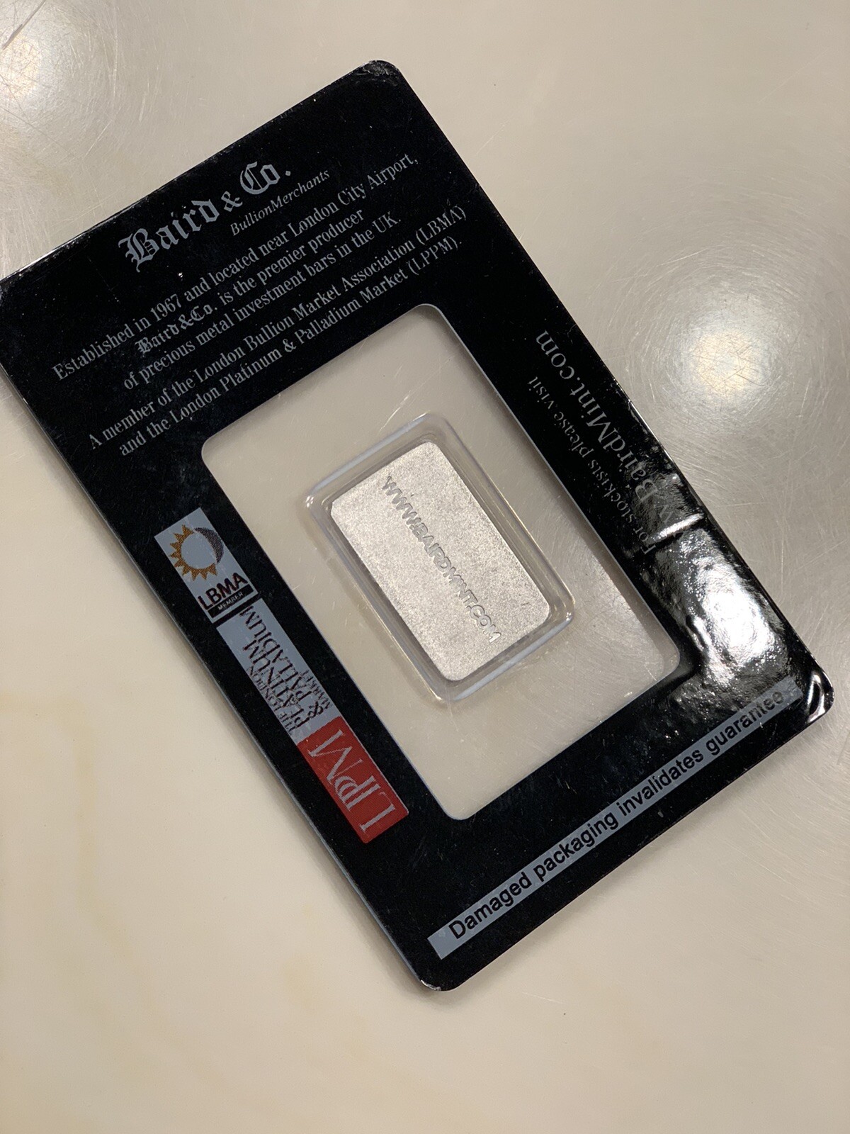 Rhodium 1/10 th oz. Baird Mint Rhodium Bar- Sealed in Assay Card -999.0 ...