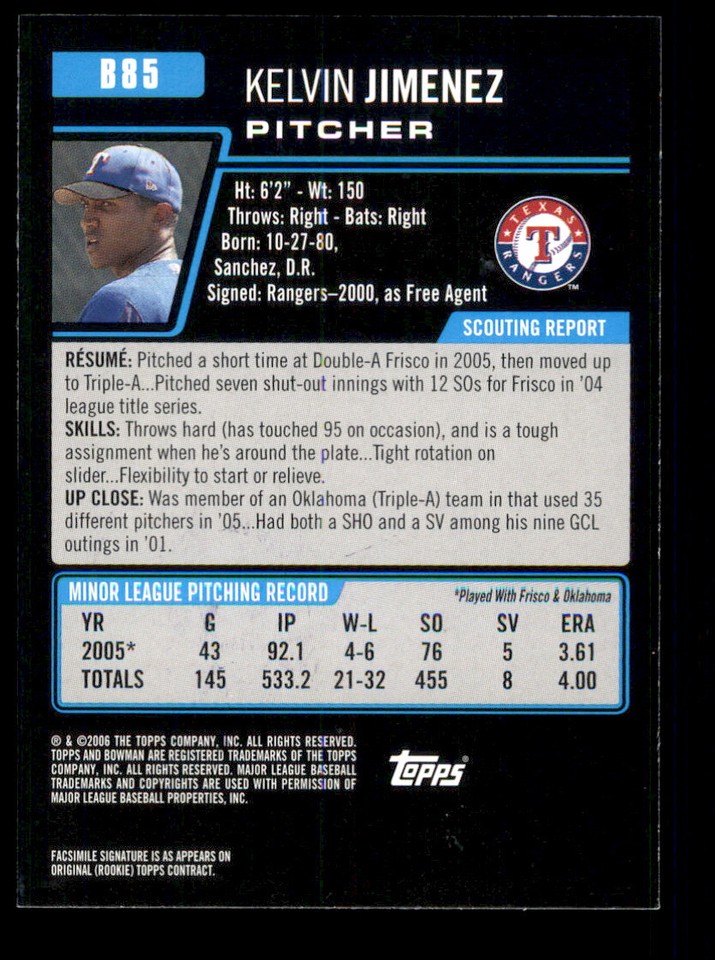 2006 Bowman - Kelvin Jimenez - On Card Autograph | eBay