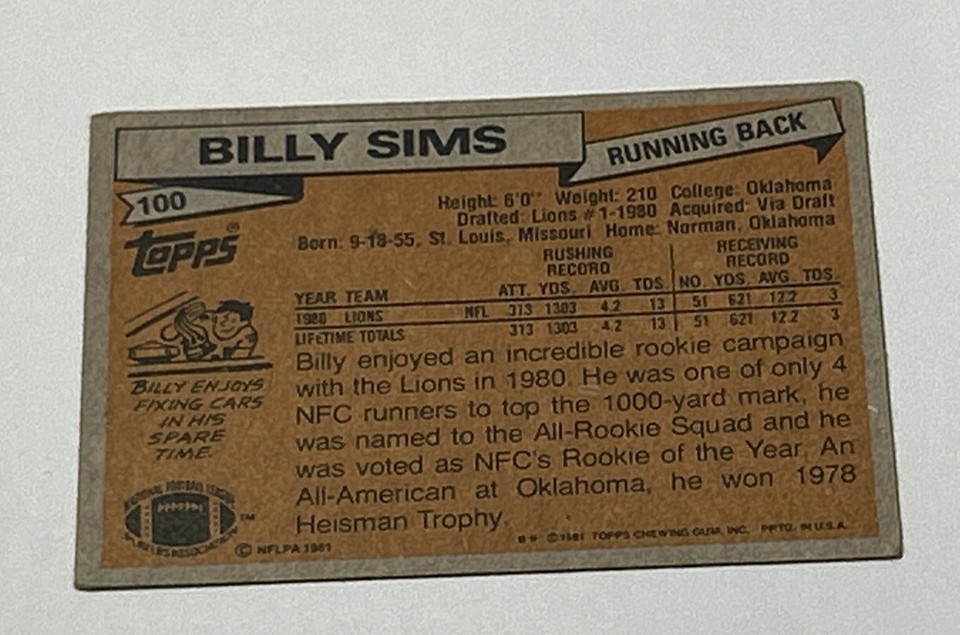 1981 Topps Football Card Billy Simms Lions #100 Rookie Card Detroit ...
