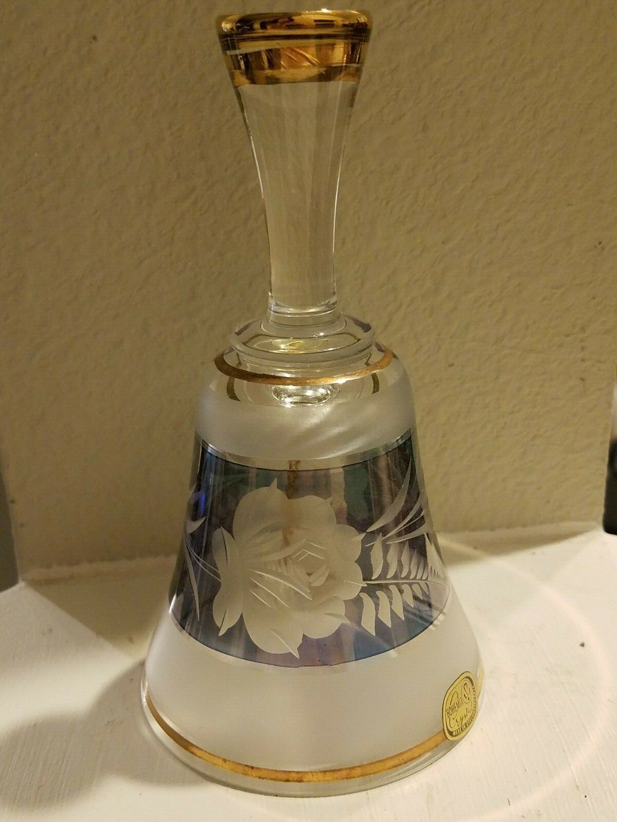 Light Blue Dinner Bell Bohemia Crystal Czechoslovakia Gold Trim FLoral ...