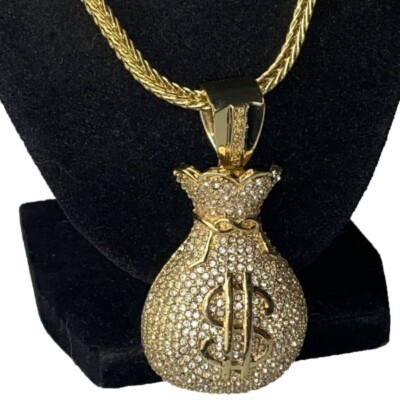 14K Gold Plated Money Bag Dollar Sign Franco CZ Bling Out Big Chain ...