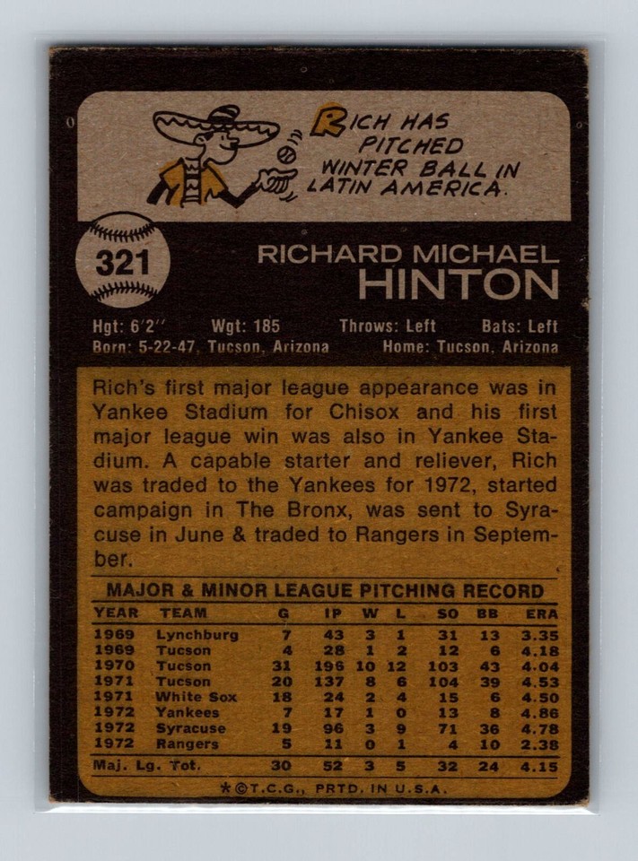 1973 Topps #321 Rich Hinton Texas Rangers Baseball Card | eBay