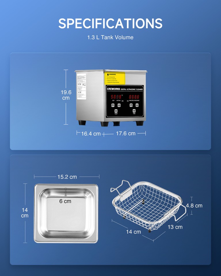 CREWORKS 0.8/1.3/2/3/6/10/15/30L Ultrasonic Cleaner Timer Heater Degas Gentle | eBay UK